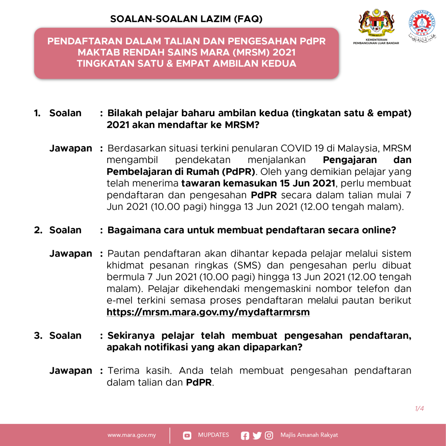 Pendaftaran Dalam Talian & Pengesahan PdPR MRSM 2021 Tingkatan 1 & 4 ...